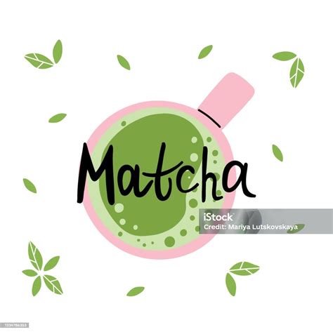 말차 손으로 그린 전통 일본 음료 라떼 탑 뷰와 글자 중국 녹차와 텍스트 트렌디 한 유기농 맛있는 음료 벡터 만화 고립 된 일러스트 마카차에 대한 스톡 벡터 아트 및 기타