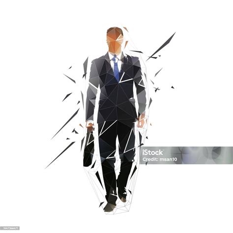 사업가가 걷고 그의 손에 서류 가방 가방을 들고 낮은 다각형 고립 된 벡터 그림 삼각형에서 기하학적 그림 정면보기 남자 사업가에