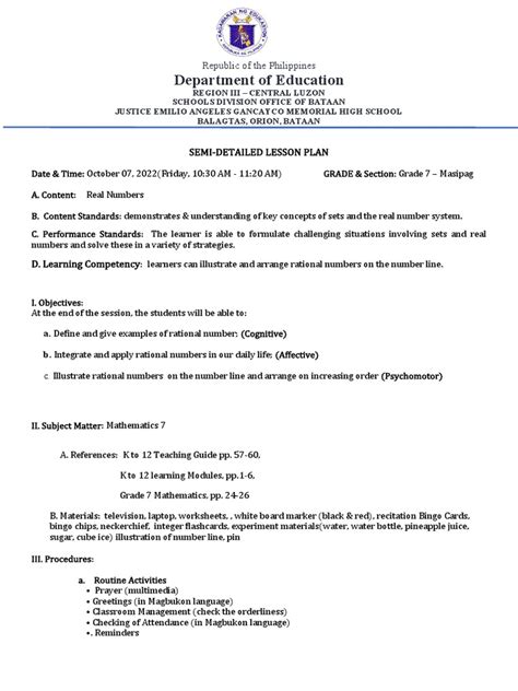 A Semi Detailed Lesson Plan In Mathematics 7 Pdf Lesson Plan Learning