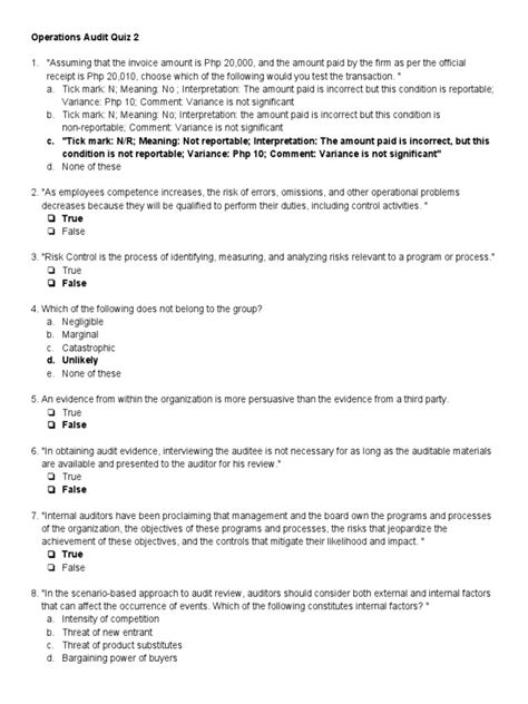 Operations Audit Quiz 2 Pdf Audit Internal Audit