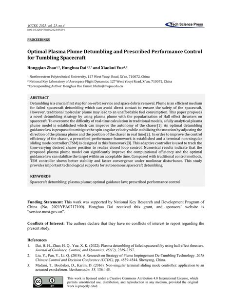 Pdf Optimal Plasma Plume Detumbling And Prescribed Performance Control For Tumbling Spacecraft