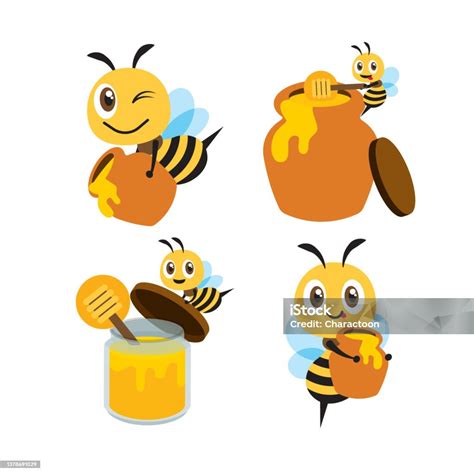 플랫 디자인 꿀벌 마스코트 세트 꿀 냄비 세트만화 귀여운 꿀벌 귀여운 꿀벌은 꿀 냄비와 유기농 꿀 병을 운반합니다 플랫 아트 벡터 캐릭터 마스코트 세트 고객에 대한 스톡