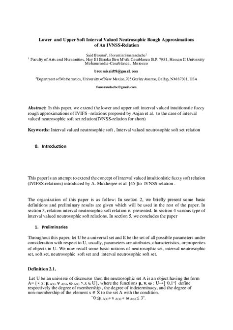 Pdf Lower And Upper Soft Interval Valued Neutrosophic Rough Approximations Of An Ivnss Relation