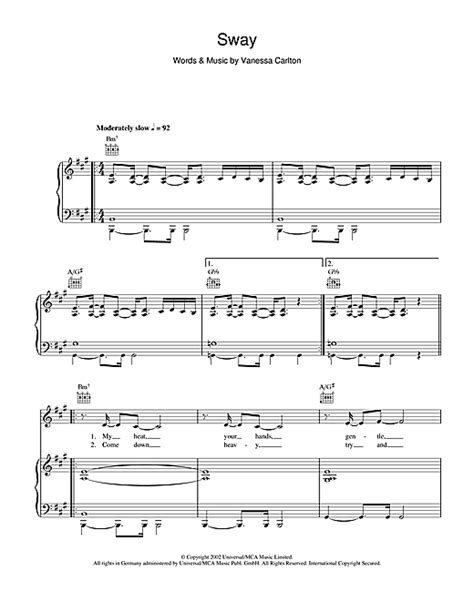 Sway Sheet Music By Vanessa Carlton Piano Vocal And Guitar 115111