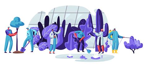 정원사와 과학자 캐릭터 성장 하 고 정원 온실에서 식물의 배려 원 예 급수 심기 라 킹 나무 시험 계절 작업 만화 평면 벡터 일러스트 심기에 대한 스톡 벡터 아트 및 기타