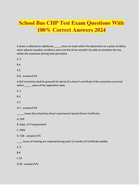School Bus CHP Test Exam Questions With 100 Correct Answers 2024