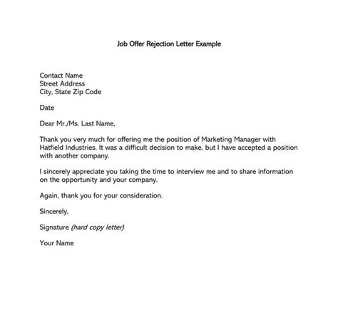 Formal Rejection Letteremail To Decline Job Offer
