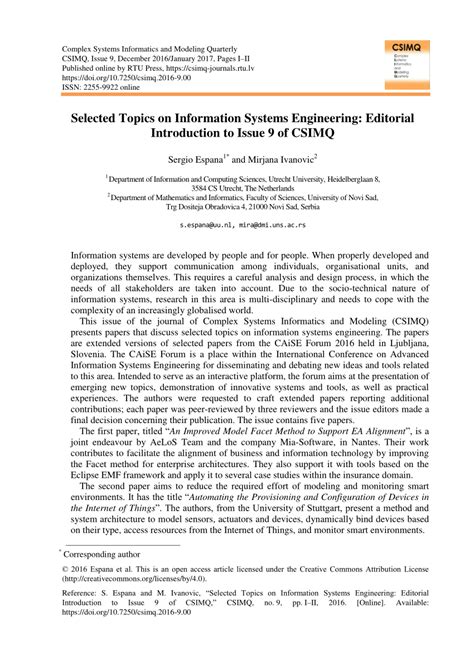 Pdf Selected Topics On Information Systems Engineering Editorial Introduction To Issue 9 Of Csimq