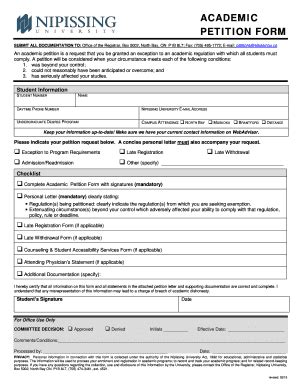 Fillable Online Nipissingu ACADEMIC PETITION FORM Nipissing