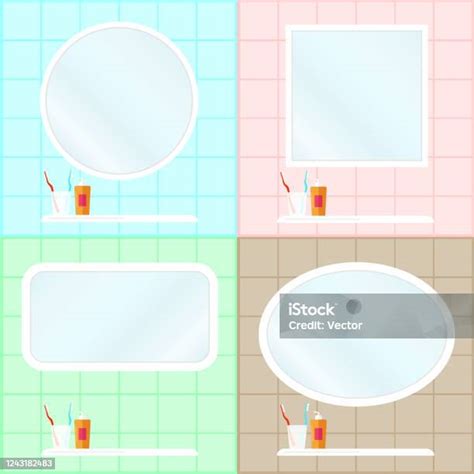 욕실의 내부 욕실 내부에는 거울이 있습니다 세면대 타일 배경에 목욕 액세서리 벡터 욕실 거울의 만화 그림입니다 샤워시설에 대한 스톡 벡터 아트 및 기타 이미지 Istock