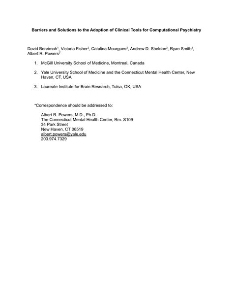 Pdf Barriers And Solutions To The Adoption Of Clinical Tools For Computational Psychiatry