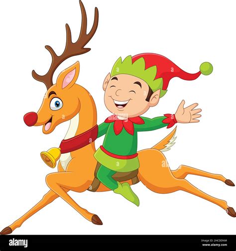Cute Elf Cartoon Riding A Reindeer Stock Vector Image And Art Alamy