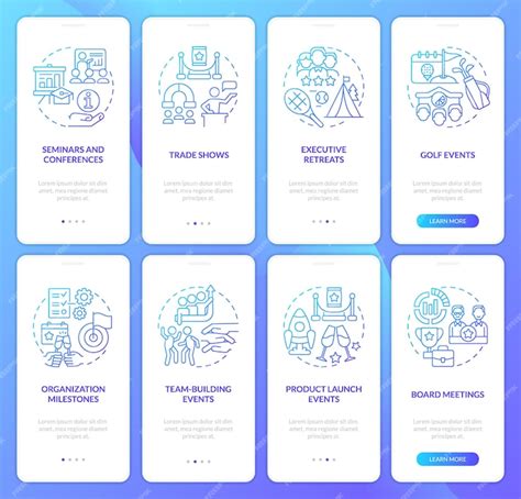 기업 이벤트 블루 그라데이션 온보딩 모바일 앱 화면 세트의 유형 프리미엄 벡터