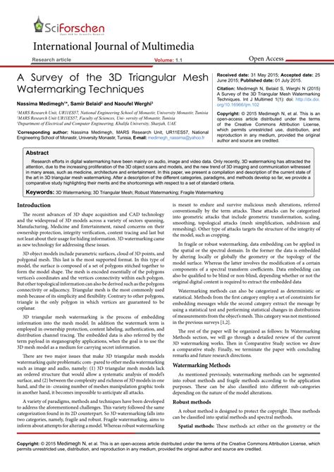 Pdf A Survey Of The 3d Triangular Mesh Watermarking Techniques