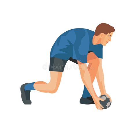 Figure Of A Professional Handballer In A Blue Uniform Bends Down And