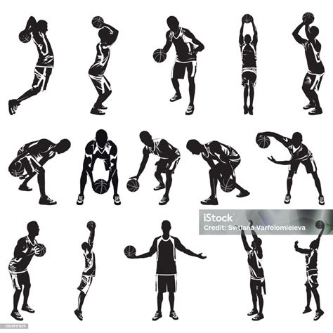 농구 선수 실루엣 벡터 일러스트 드리블 바운스 패스 슈팅 볼 자유투 슬램 덩크 농구 팀 스포츠에 대한 스톡 벡터 아트 및 기타 이미지 Istock