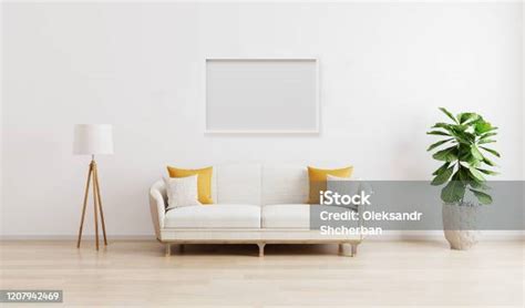 나무 라미네이트에 흰색 소파 플로어 램프와 녹색 식물 밝은 현대 거실에서 수평 사진 프레임 스칸디나비아 스타일 아늑한 인테리어 배경입니다 밝은 세련된 방 모형3d 렌더링