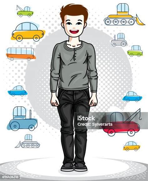 젊은 십 대 소년 귀여운 어린이 세련 된 캐주얼 옷을 입고 서 있는 벡터 인간 그림입니다 패션 테마 클립 아트입니다 건강한 생활방식에 대한 스톡 벡터 아트 및 기타 이미지