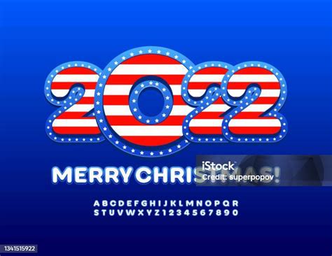 벡터 애국 인사말 카드 메리 크리스마스 2022 미국 국기 현대 알파벳 문자 및 숫자 세트 겨울에 대한 스톡 벡터 아트 및 기타