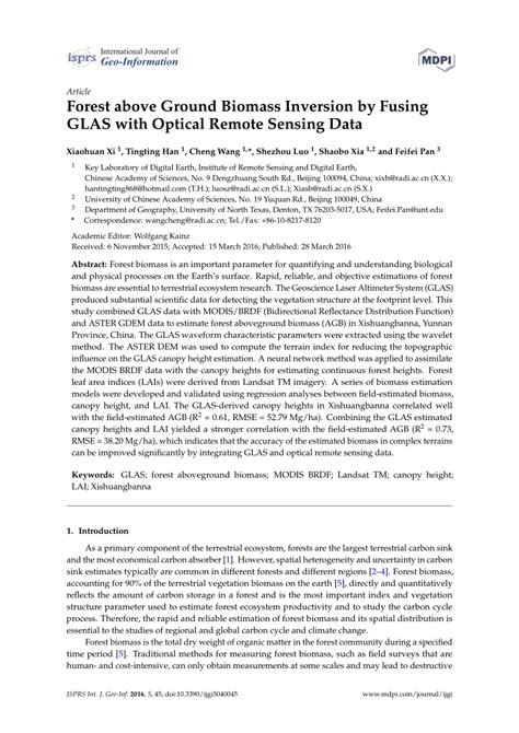 Pdf Forest Above Ground Biomass Inversion By Fusing Glas With Optical Remote Sensing Data