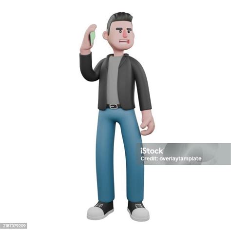 시나리오 작가 3d 만화 모델 디자인 남성 시나리오 작가는 오른손으로 서서 전화를 받고 왼손은 몸 옆에 있습니다 3d 디자인 3차원 형태에 대한 스톡 사진 및 기타 이미지