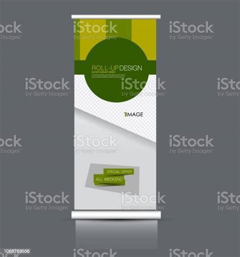 롤 배너 스탠드를 수직 정보 보드 템플릿 디자인입니다 녹색 컬러 벡터 그림입니다 롤업 배너에 대한 스톡 벡터 아트 및 기타 이미지 롤업 배너 형판 광고 Istock