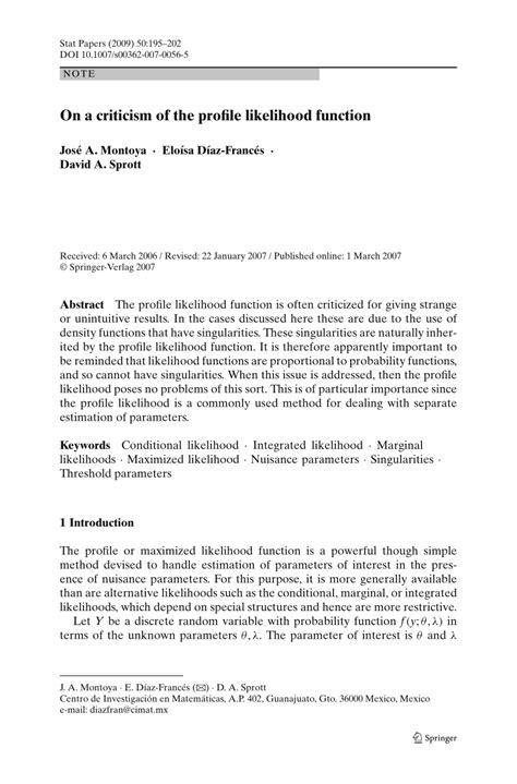 Pdf On A Criticism Of The Profile Likelihood Function