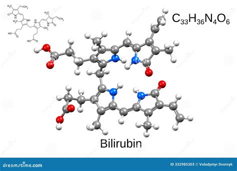 Chemical Formula Skeletal Formula And 3d Ball And Stick Model Of Bilirubin Royalty Free Stock