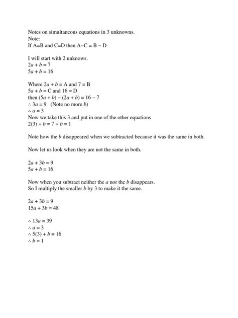 Notes On Simultaneous Equations In 3 Unknowns Pdf
