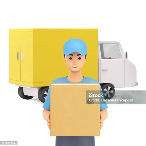 손에 골판지 상자를 든 배달원이 밴이나 트럭 앞에 서 있었다 택배 또는 이동기 3차원 형태에 대한 스톡 사진 및 기타 이미지 3차원 형태 가공의 인물 남자 Istock