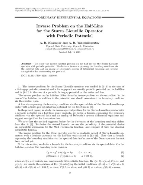 Pdf Inverse Problem On The Half Line For The Sturm Liouville Operator With Periodic Potential