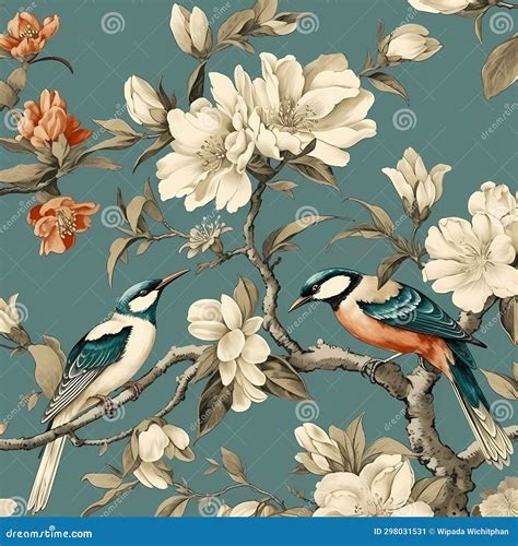 Ballard Designs Chinoiserie Asian Floral Fabric Pattern Stock Image