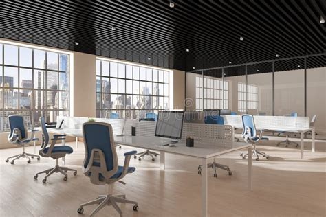 современный офисный зал интерьер с рабочим местом и панорамным окном конференц зала Иллюстрация