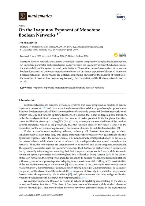 Pdf On The Lyapunov Exponent Of Monotone Boolean Networks