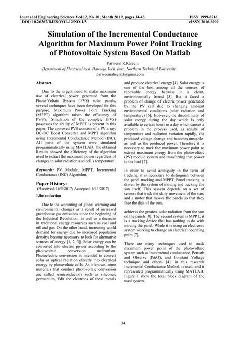Pdf Simulation Of The Incremental Conductance Algorithm For Maximum Power Point Tracking Of