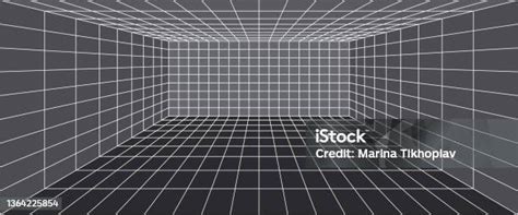 인테리어 디자인 가상 현실 와이어 프레임 벽 바닥 및 천장 타일 그리드 라인을위한 3d 룸 원근 그리드 배경 벡터 일러스트레이션