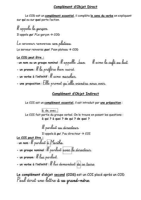 Complément D`objet Direct Complément D`objet Indirect Le