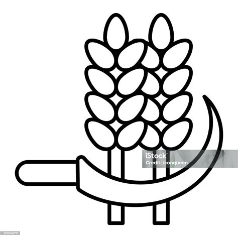 낫은 밀의 귀를 자르고 얇은 선 아이콘 밀 생산 개념입니다 벡터 그래픽입니다 흰색 배경에 낫 도구 기호가 있는 밀 식물 스타일 모바일 또는 디자인 거친 필름 효과에 대한
