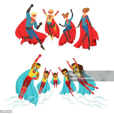 슈퍼 히어로의 행복 한 가족 설정합니다 부모와 자녀 슈퍼 영웅이 화려한 벡터 일러스트로 옷을 입고 미소 가족에 대한 스톡 벡터 아트 및 기타 이미지 Istock