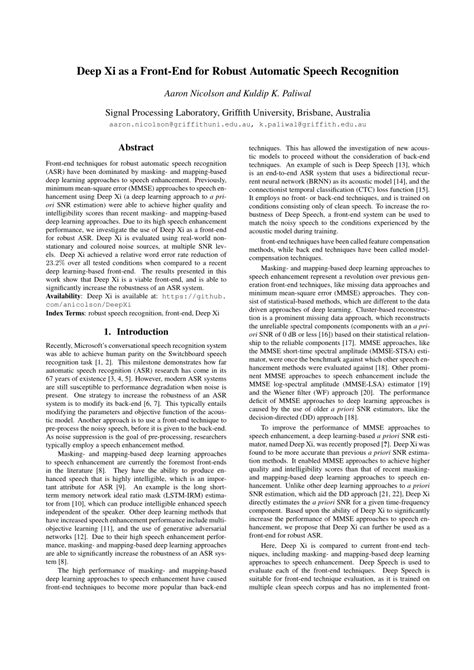 Pdf Deep Xi As A Front End For Robust Automatic Speech Recognition