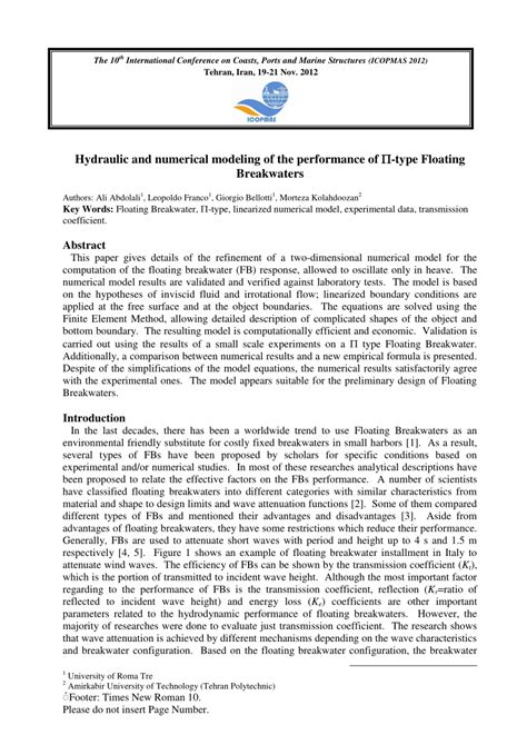 Pdf Hydraulic And Numerical Modeling Of The Performance Of Pi Type Floating Breakwaters