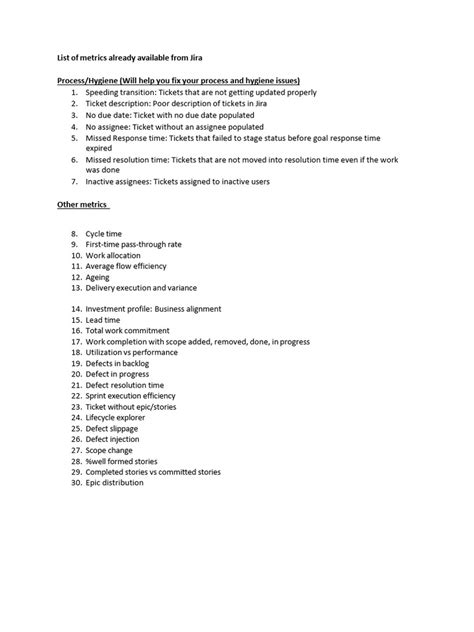 Metric List From Jira Pdf