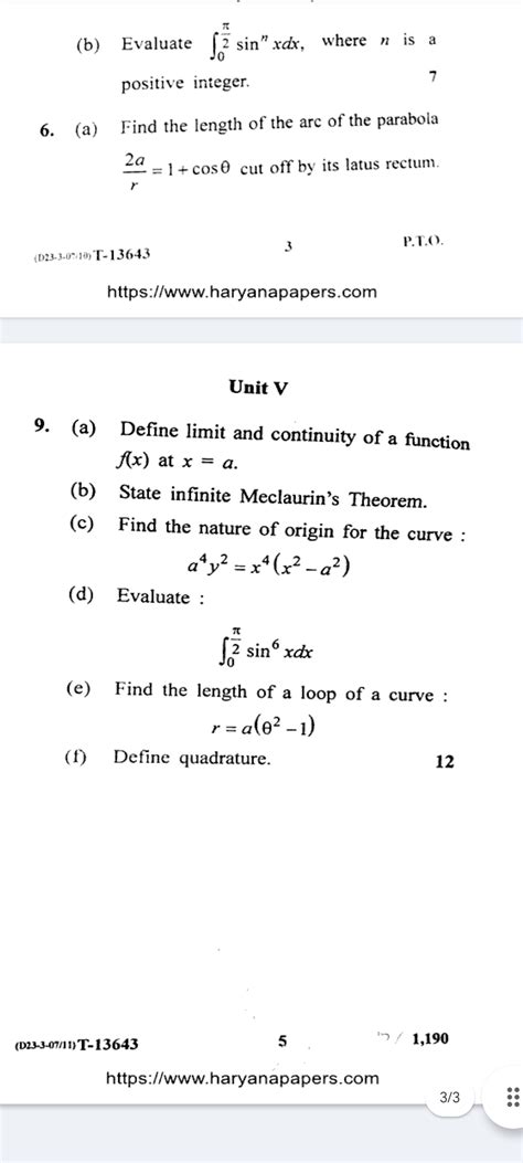 B Evaluate ∫02π Sinnxdx Where N Is A Positive Integer 76 A Find