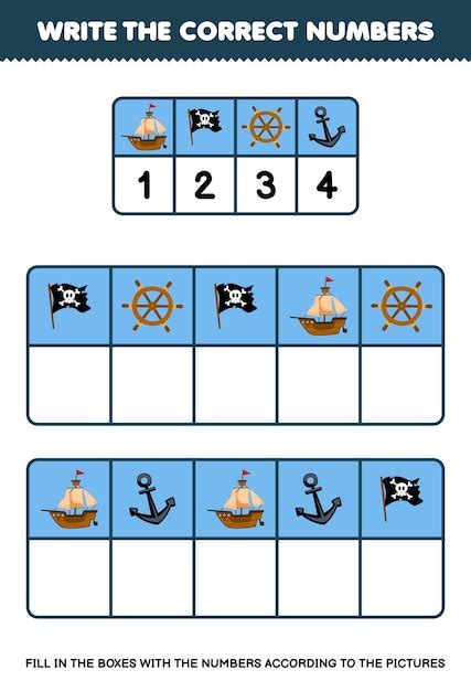 아이들을 위한 교육 게임은 테이블 인쇄 가능한 해적 워크시트에 있는 귀여운 배 깃발 휠 앵커에 따라 상자에 올바른 숫자를 씁니다 프리미엄 벡터