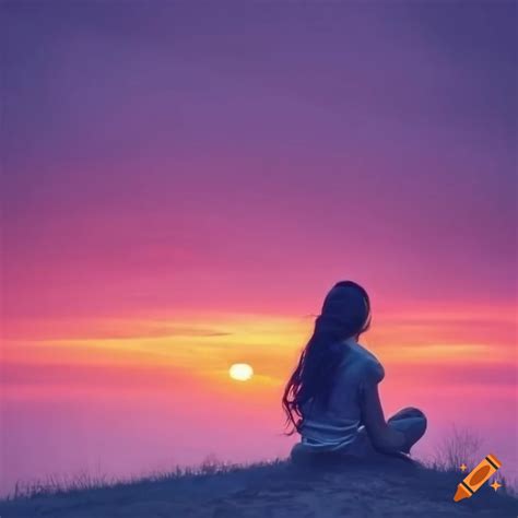 Girl Sitting On A Hill Watching The Sunset On Craiyon