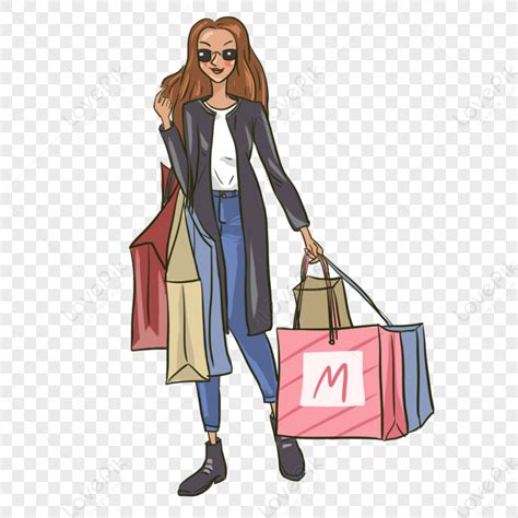 손으로 그린 선 그리기 일러스트 스타일 검은 피부 선글라스와 유럽과 미국 여자 쇼핑 요소쇼핑백만족 Png 일러스트 무료 다운로드 Lovepik