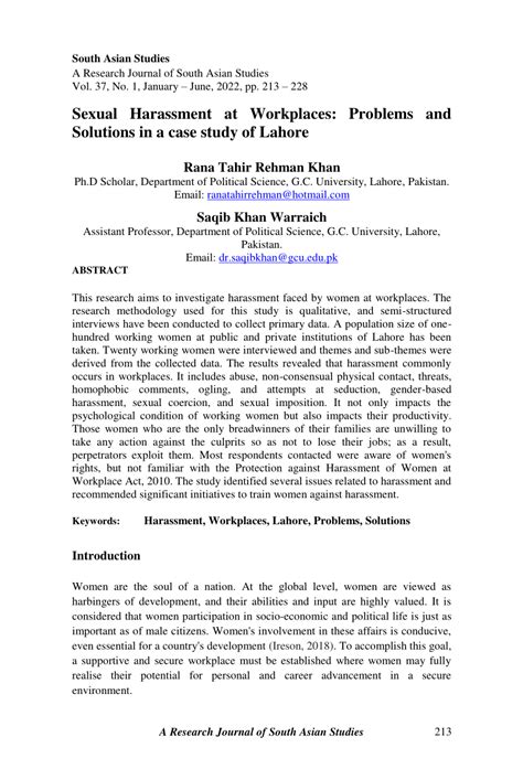 PDF Sexual Harassment At Workplaces Problems And Solutions In A Case Study Of Lahore