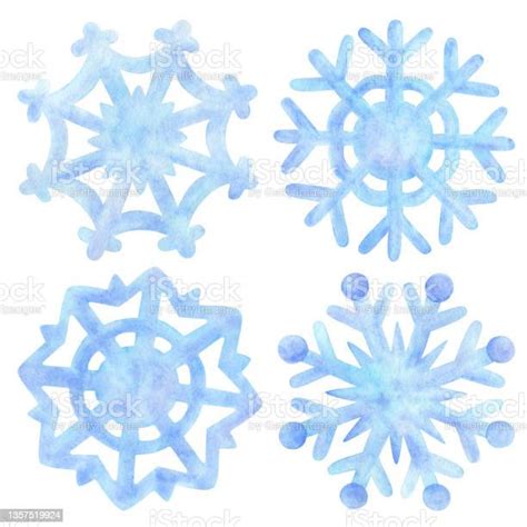 푸른 눈송이 눈 덮인 플레이크의 수채화 그림 흰색 배경에 격리 된 손으로 그린 그리기 스티커 디자인 인쇄를 위한 겨울 만화 클립 아트 세트 0명에 대한 스톡 벡터 아트 및