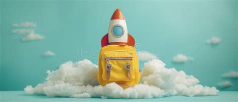 A Yellow School Backpack With A Rocket Attached Is Floating On A Cloud