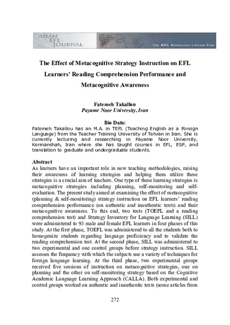 Pdf The Effect Of Metacognitive Strategy Instruction On Efl Learners Reading Comprehension